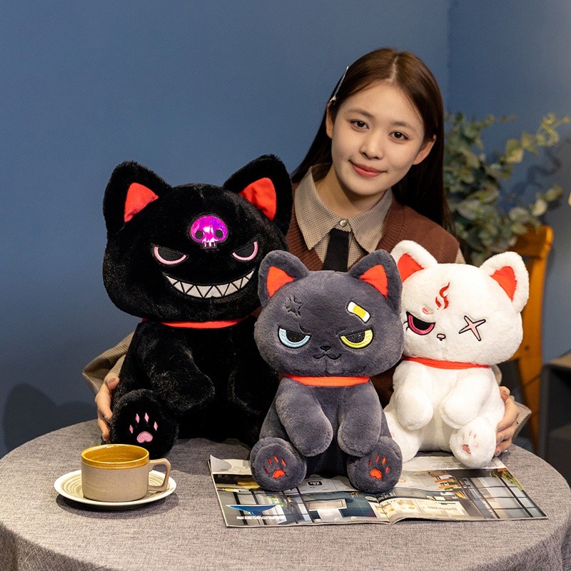 Dark Cat Plush Toy Funny Devil Sitting Black White Cat Plushies Stuffed ...