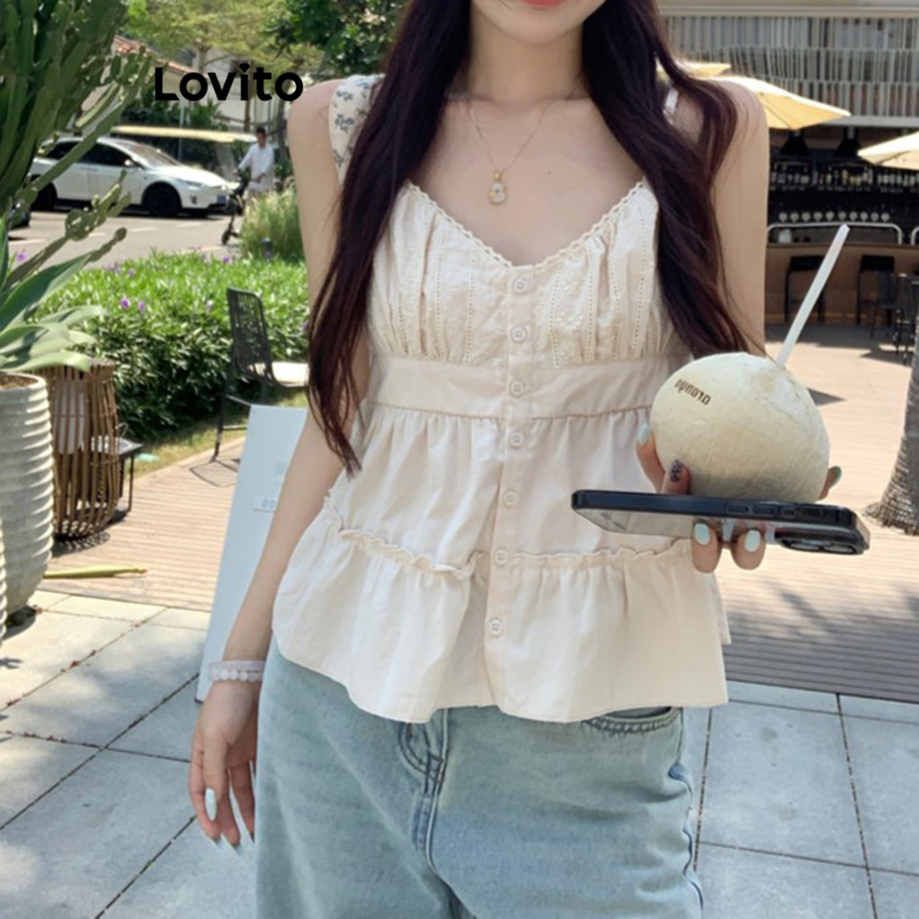 Lovito Women Casual Plain Button Front Fabric Stitching Ruffle Tank Top ...