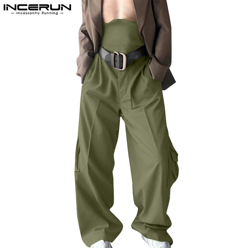 INCERUN Men Korean Deconstructed High Waisted Pockets Wide Leg Pants ...