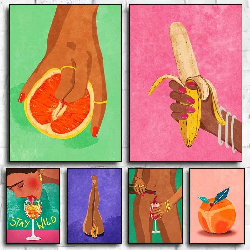 Funny Colorful Woman Body Parts Art Posters Canvas Print Art Red Wine ...