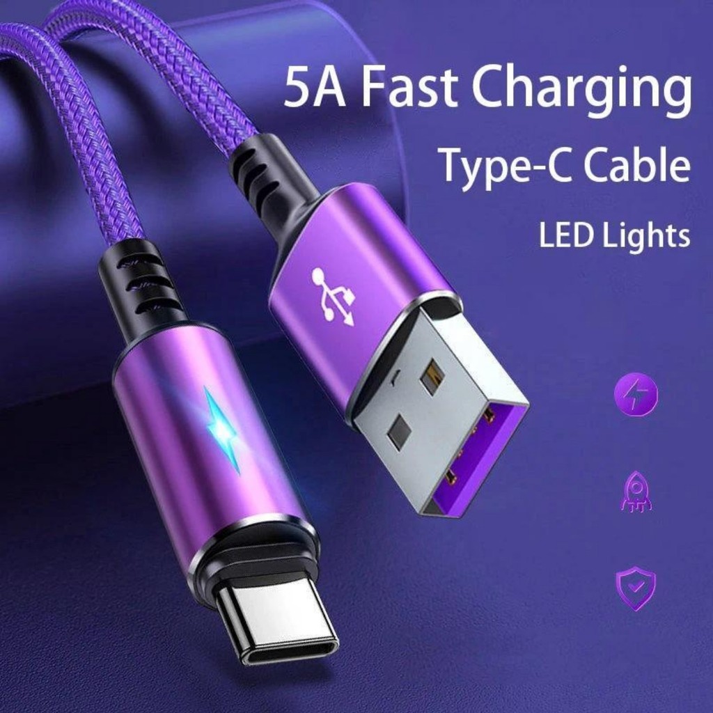 5A LED Type C USB Data Cable Fast Charging Cable 1.2M Nylon Charger ...