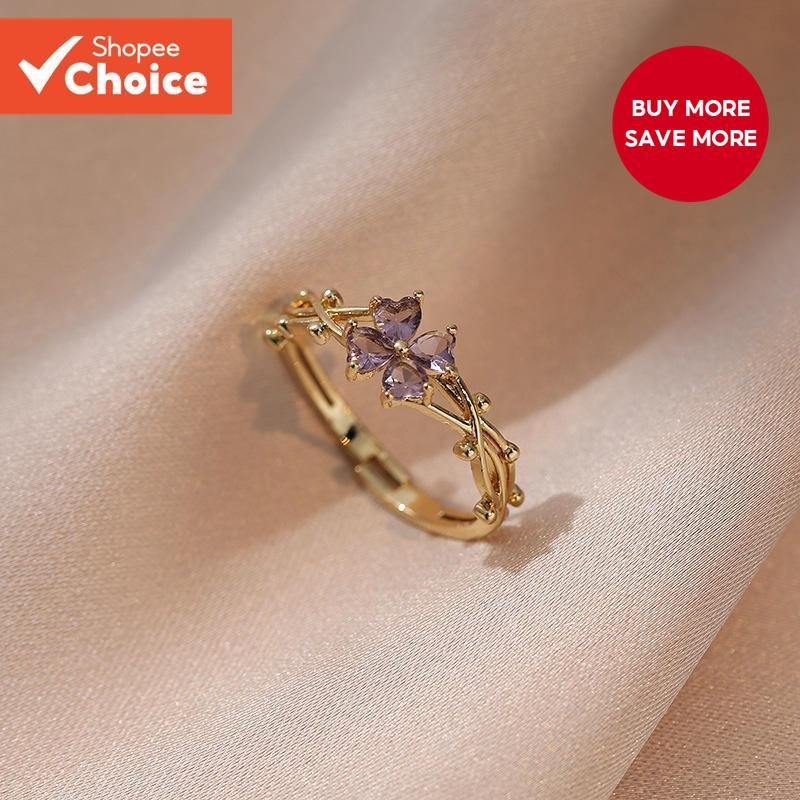 Korean Style Purple Zirconia Clover Love Adjustable Ring Lucky Jewelry Gift for Women | Shopee ...