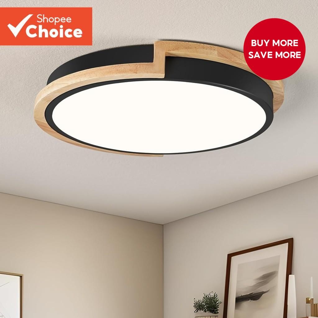 LED wooden edge iron art ceiling light, 48W three color dimming, simple ...