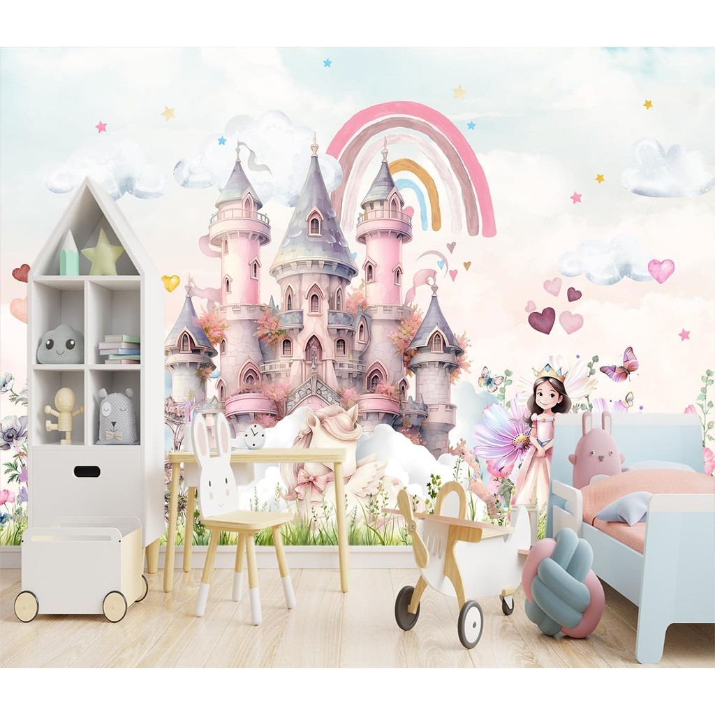 Hand-painted Princess Castle Unicorn Mural Wallpaper for Girl's Room ...