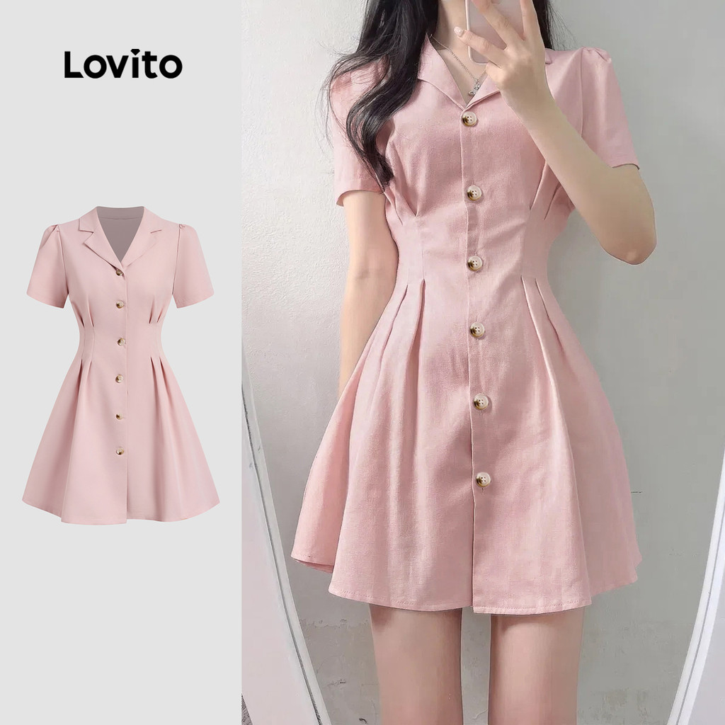 Lovito Women Casual Dress Button Pleated Spring/summer Light Pink Dress ...