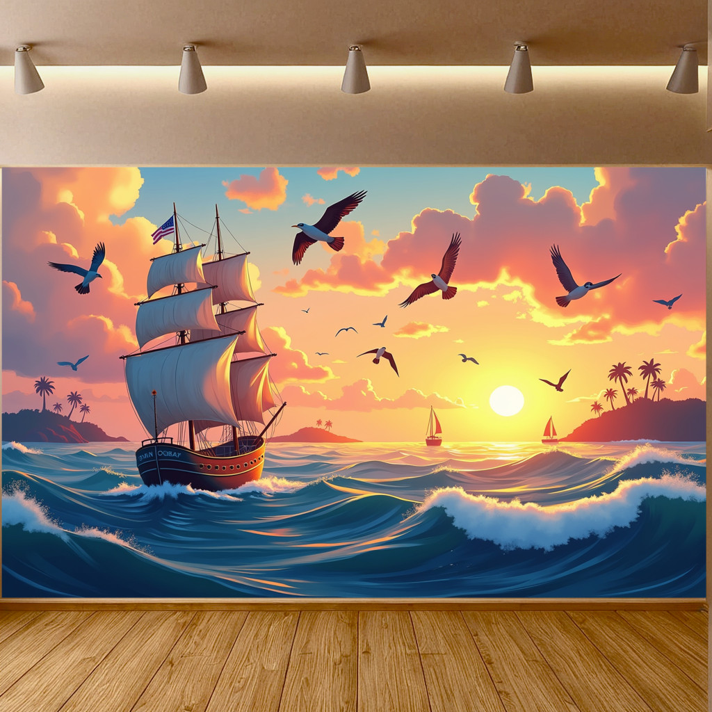 Nautical Theme Backdrop Banner With Sailboat And Sunset Background For ...