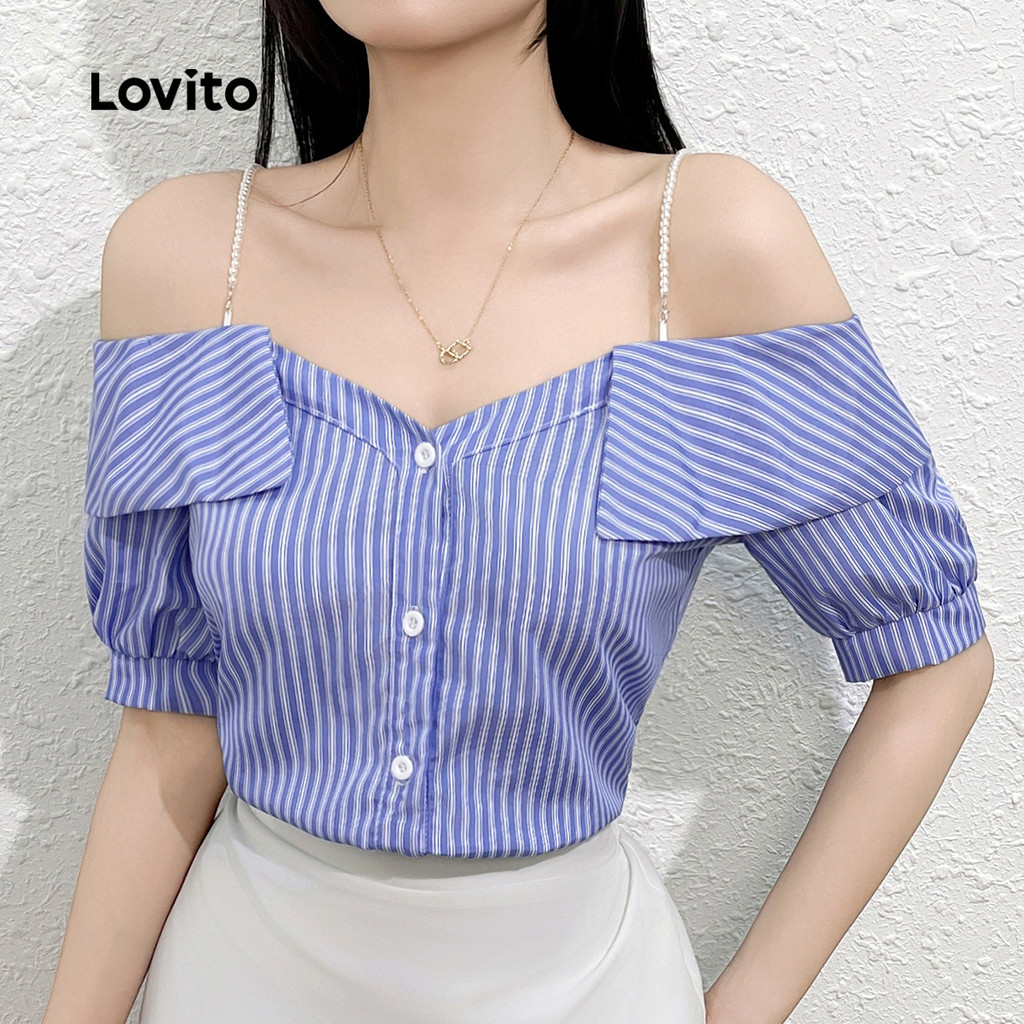Lovito Women Casual Striped Pearl Chain Colorblock Blouse L132ED431 ...