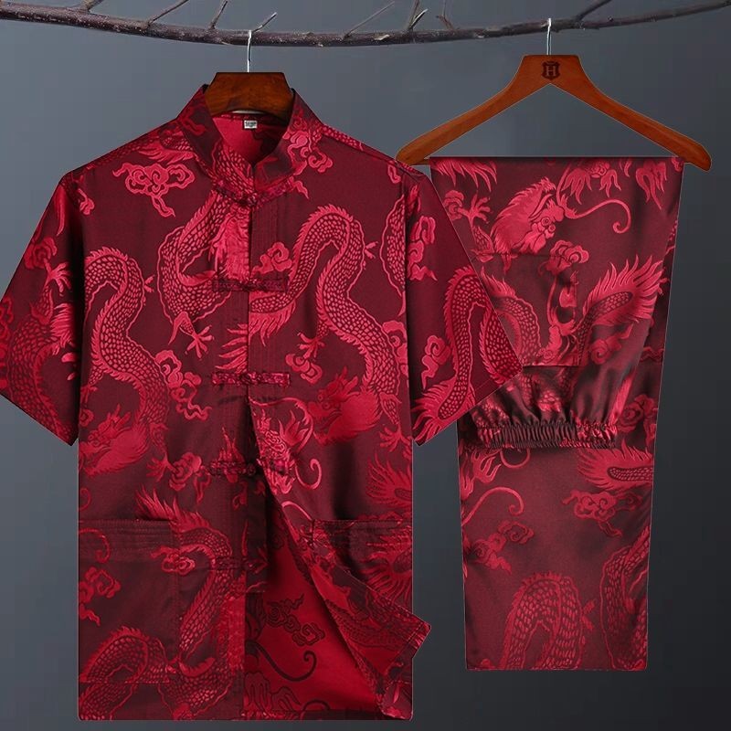 Tang Suit Men Middle-Aged Elderly Red Ice Silk Clothes Embroidered New ...