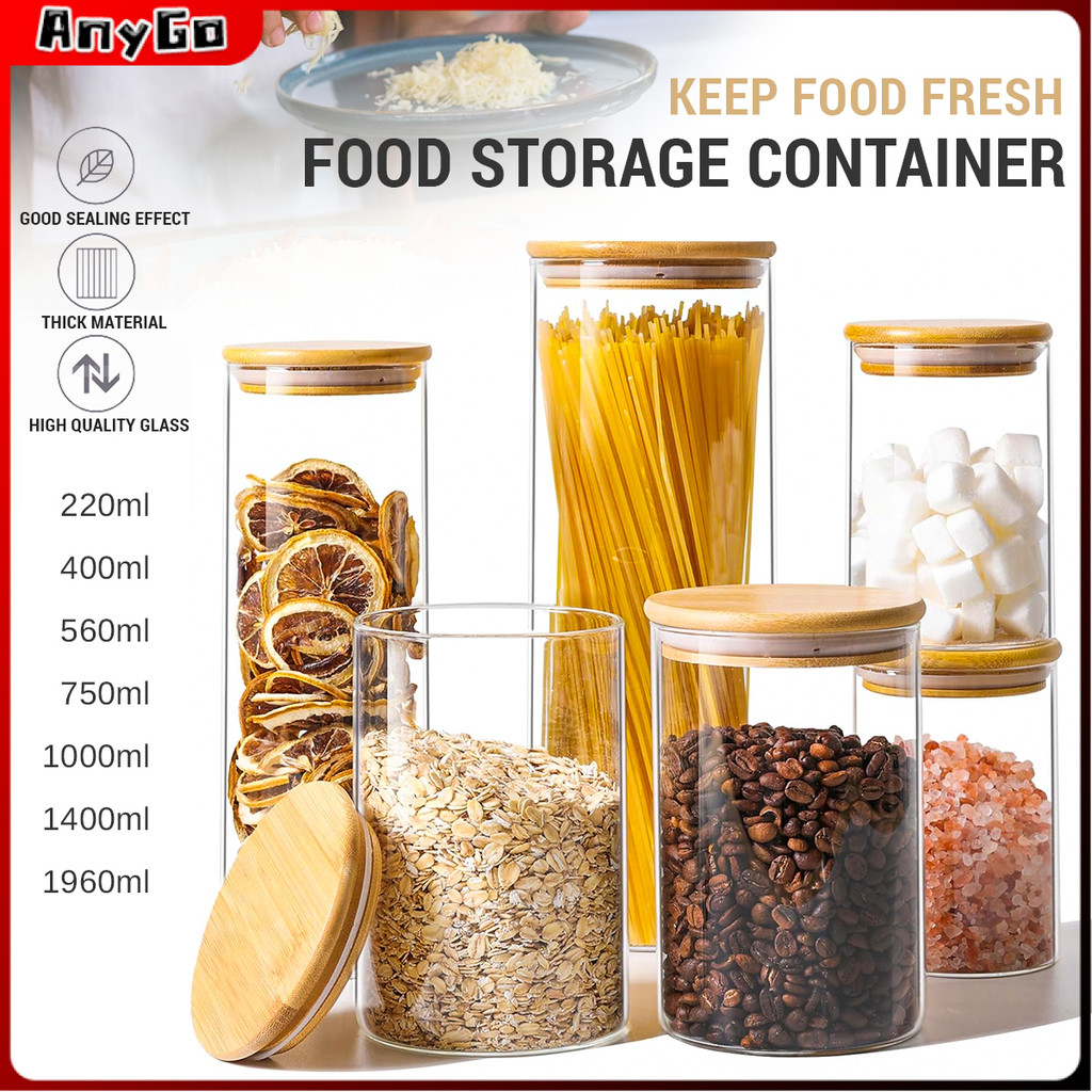 Glass Jar Food Storage Container Wooden Cover Airtight Kitchen Spice ...