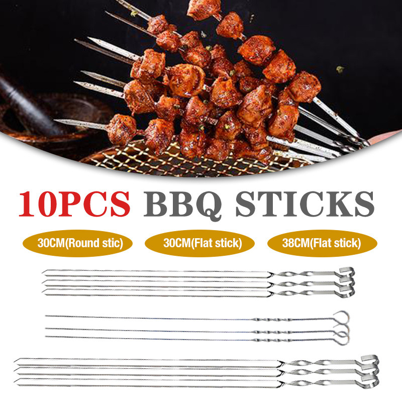 10PCS Metal Kebab Grill Steel Sticks Flat Barbecue Stick Reusable ...