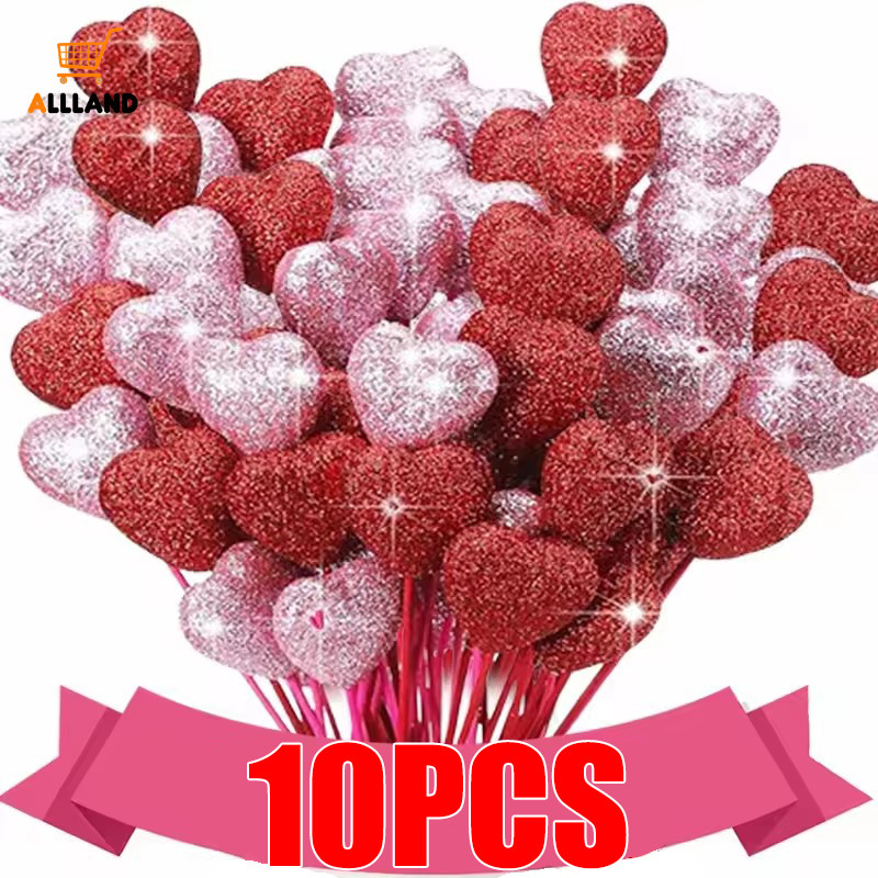 10 Sets Glitter Foam Heart Pick Stem - Valentine's Day Love Heart ...