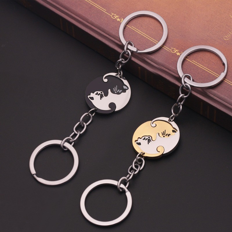 2pcs/set Metal Puzzle Cat Keychain Black White Kitty Keyring Women Men ...