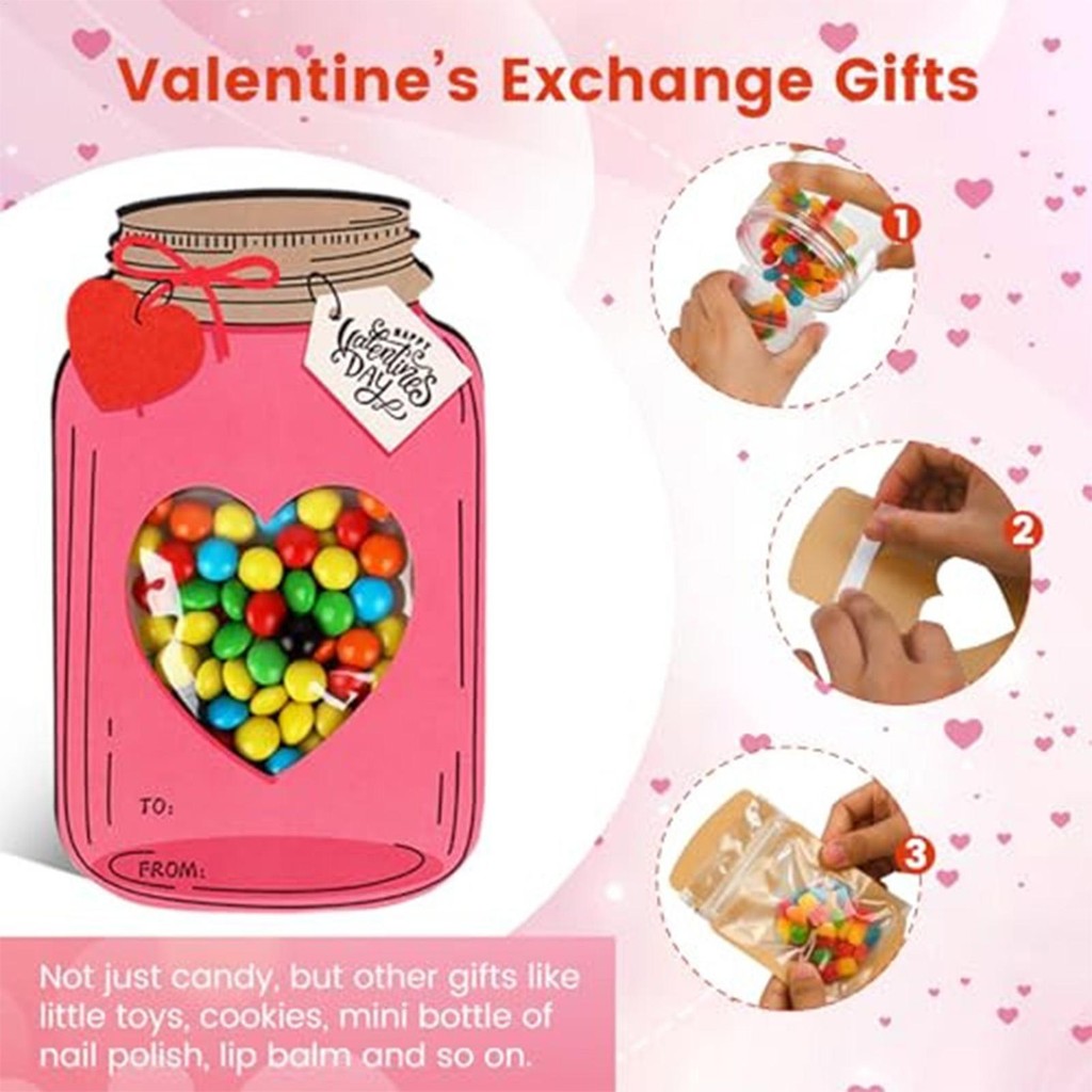 50 PCS Valentines Day Cards, Mason Jar|Candy Jar Cards, Retro Sturdy ...