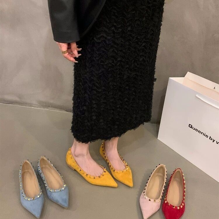Flat French Style Pointed Toe Yellow Suede Liuding Shoes Women's Shoes ...