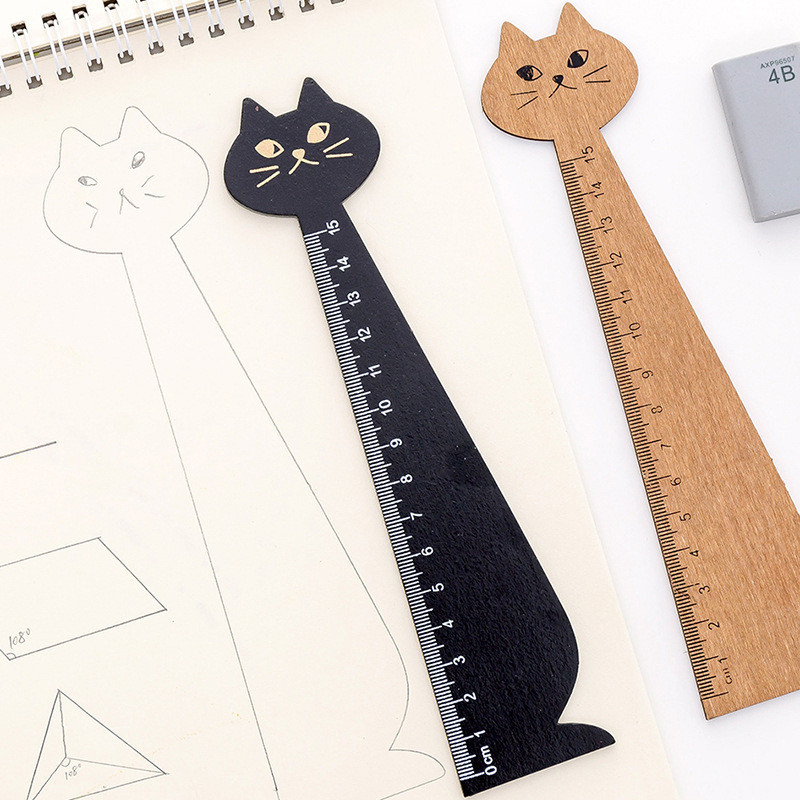 Korean Creative Cartoon Ruler Wooden Cat Drawing Ruler Student Retro ...