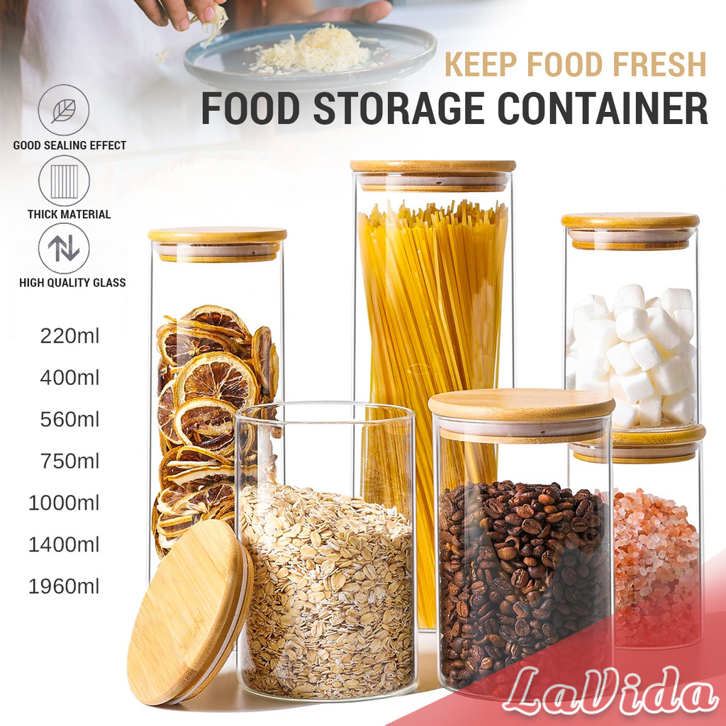 LaVida Glass Jar Food Storage Container Wooden Cover Airtight Kitchen ...