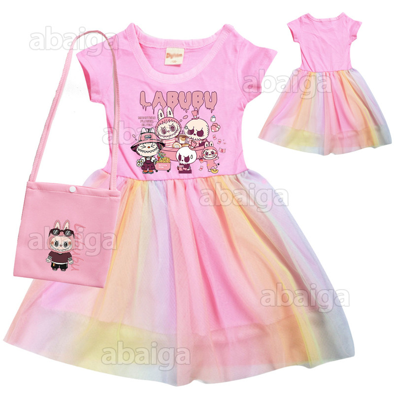 2pcs Zimomo Dress for Kids Girl Birthday Ootd Set Cute Labubu Pattern ...