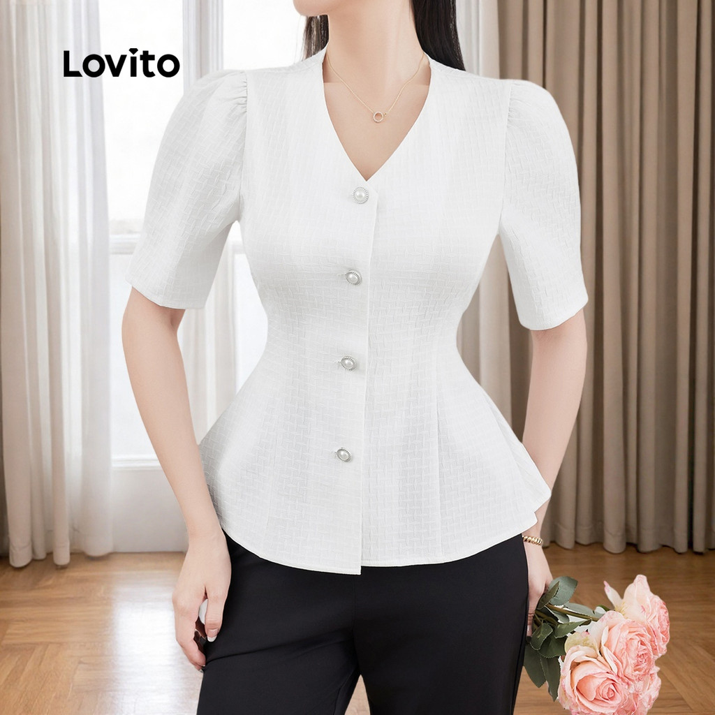 Lovito Women Elegant Blouse Pleated Button Front Good Texture Spring ...