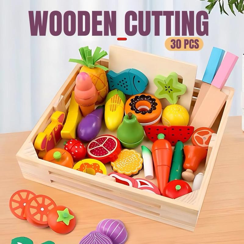 Wooden Food Cutting 30pcs Set Assorted Fruits Vegetable Dessert Tray ...