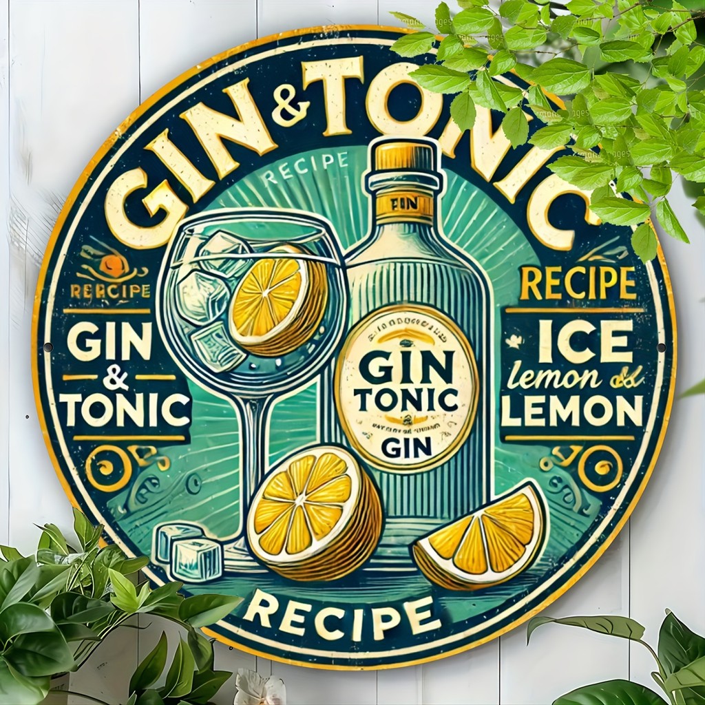Vintage Gin Tonic Recipe Metal Sign - Round Aluminum Wall Art with ...