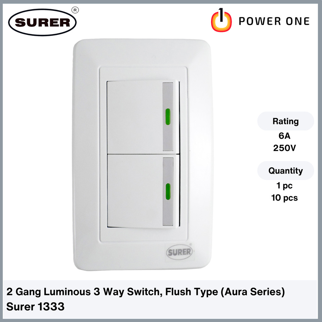 Surer 1333 2 Gang Luminous 3 Way Switch, Flush Type (Aura Series) (1300 ...