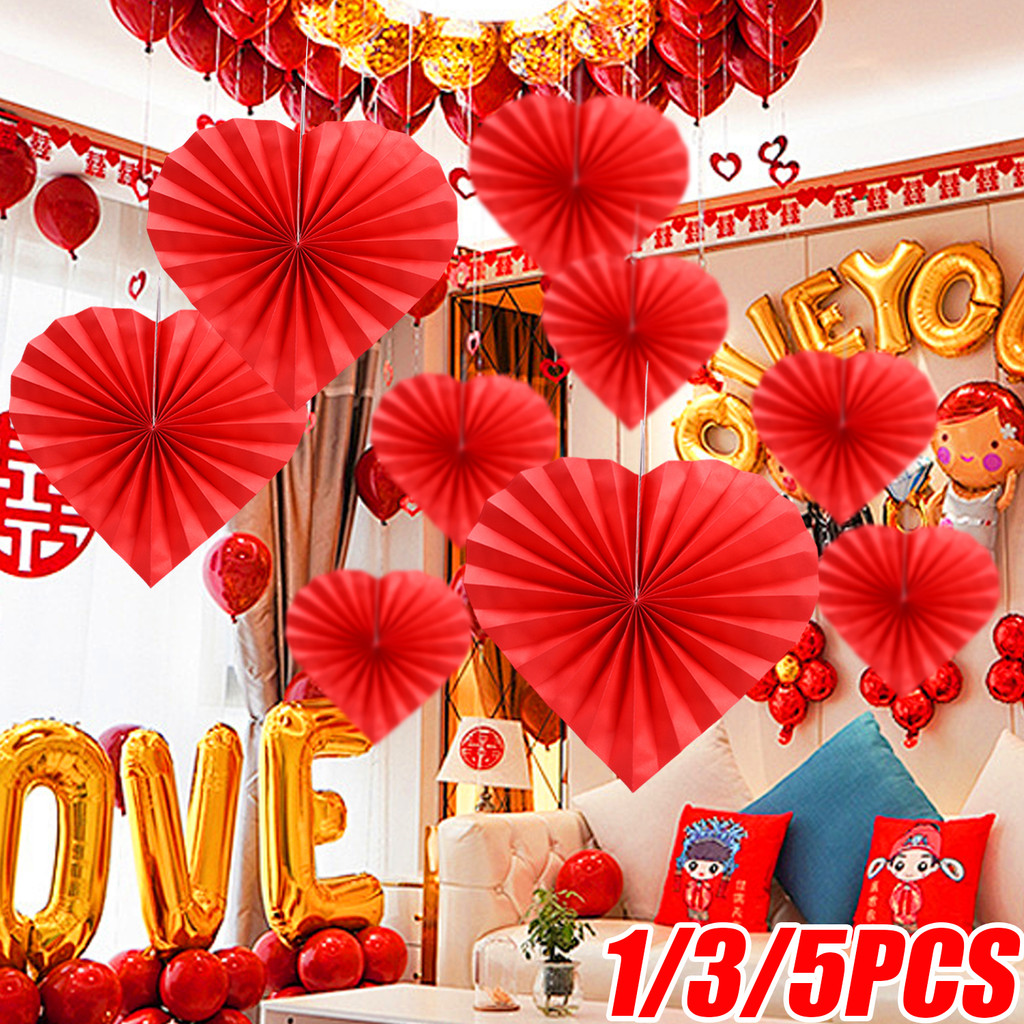 1/2/3/5Pcs Heart Shape Red Paper Fans - Romantic Hanging Ornament ...