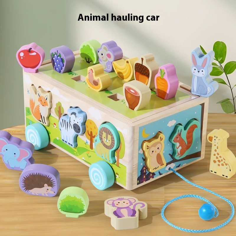 Children's Shape Matching Pull Car Educational Farm Animal Car Pulling ...