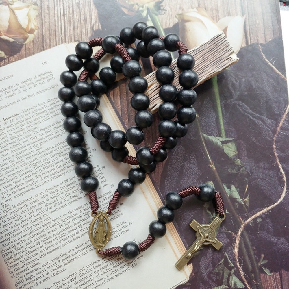 Black Wood Beads Chain Chaplet Bronze Color St.Benedict Exorcism Medal ...