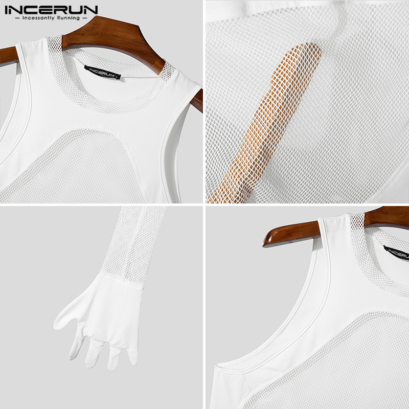 INCERUN Men Vintage Personalized Mesh Patchwork Hollow Design Solid ...