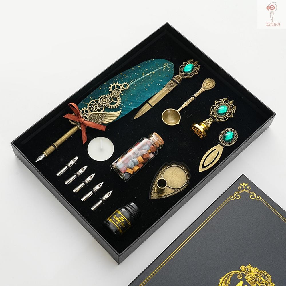 Vintage Feather Pen and Ink Set Fancy Metal Quill Pen with Gear ...