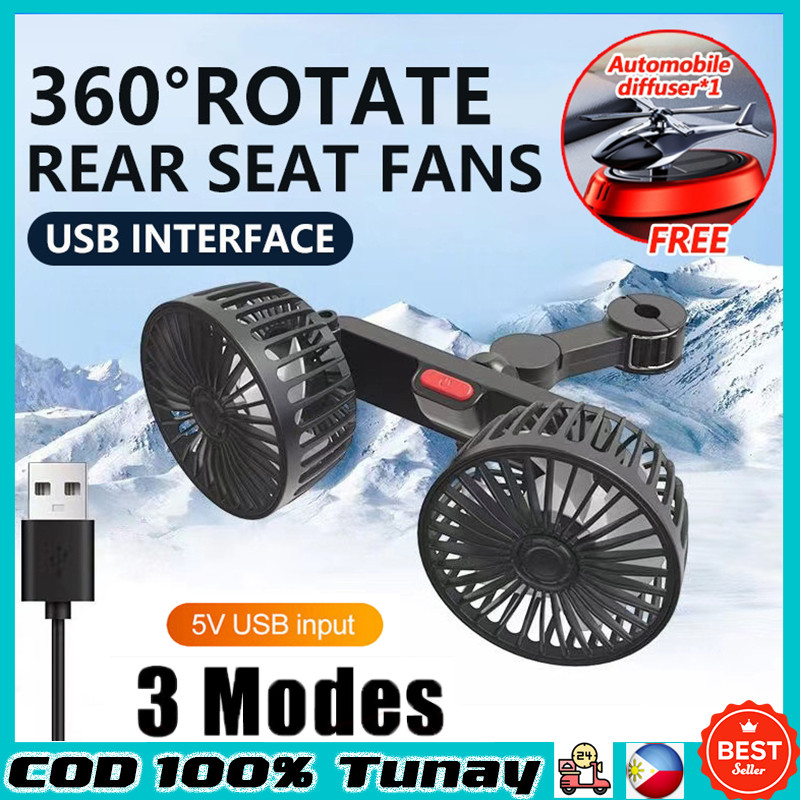 Car Rear Fan 360 Degrees USB Double-headed Fans 3 Speeds Wind Cars Back ...