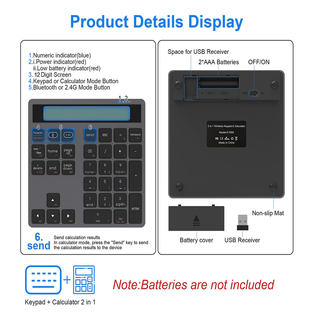 JOMAA Bluetooth 2.4G Wireless Numeric Keyboard with Display Calculator Wireless Number Keypad ...