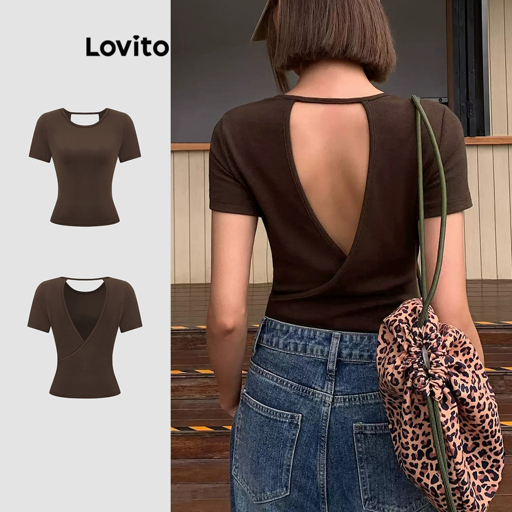 Lovito Women Casual Plain Cut Out Backless T-Shirt L121AD1110 | Shopee ...