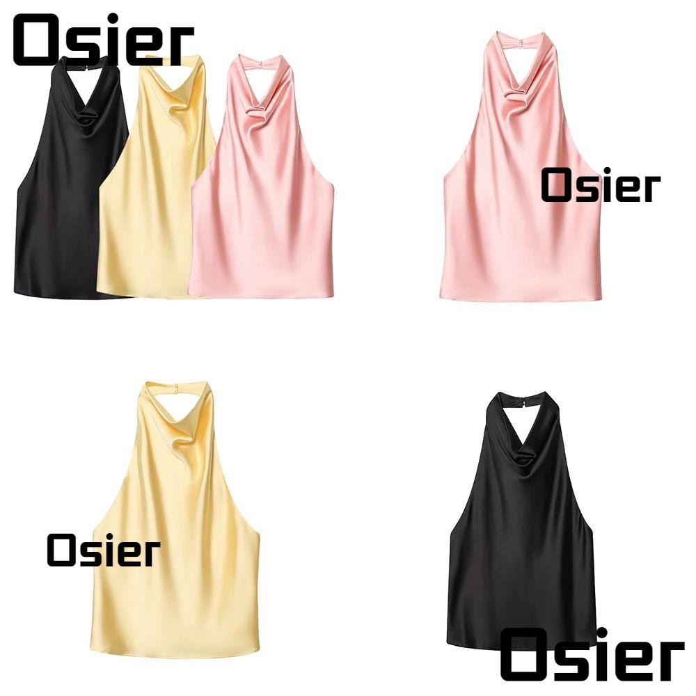 OSIER Halter Tops, Black Satin Camisole Top, Fashion Texture Shoulder ...