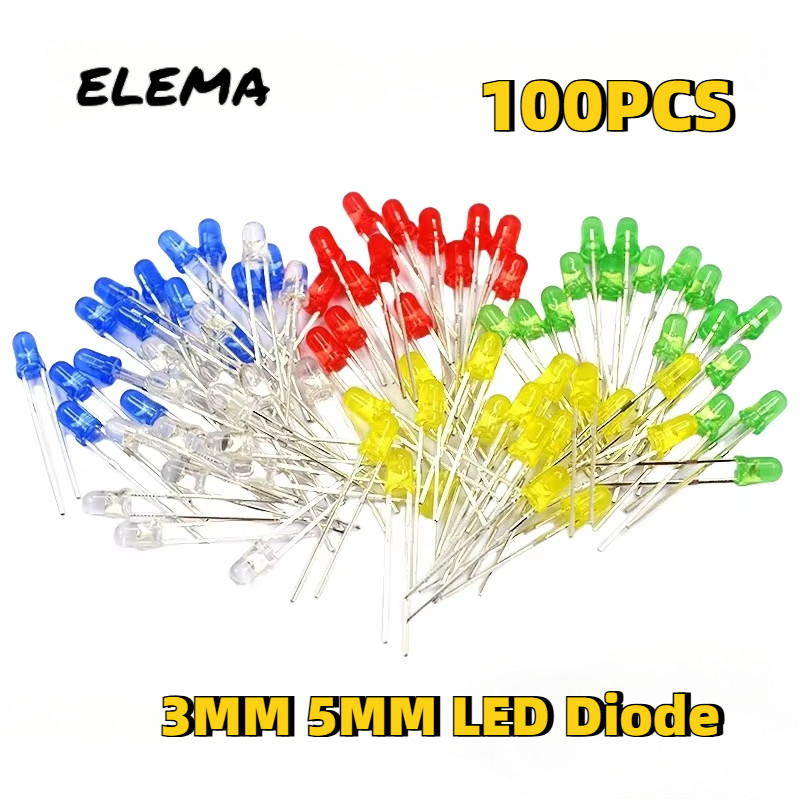 100Pcs 3mm 5mm F3 F5 LED light-emitting diode Red Green Blue Yellow ...