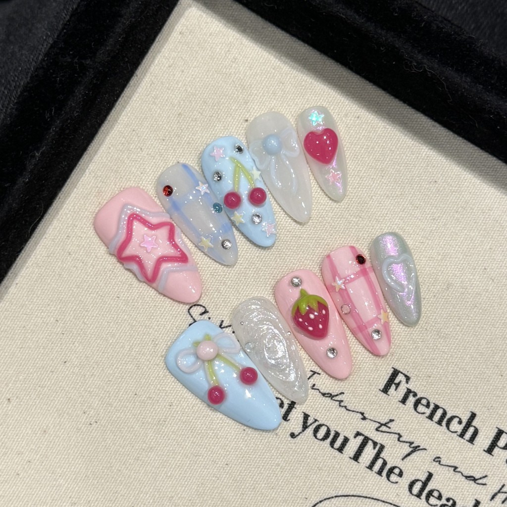 Full HANDMADE 3D Strawberry Cherry Summer Nail Art Cute Long Almond ...
