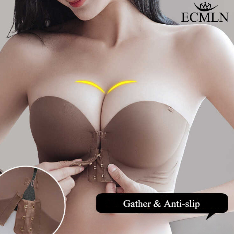 ECMLN Push Up Fashion Girl Front Closure Small Chest Bra with Thick-Sponge Women's Soft Wireless ...
