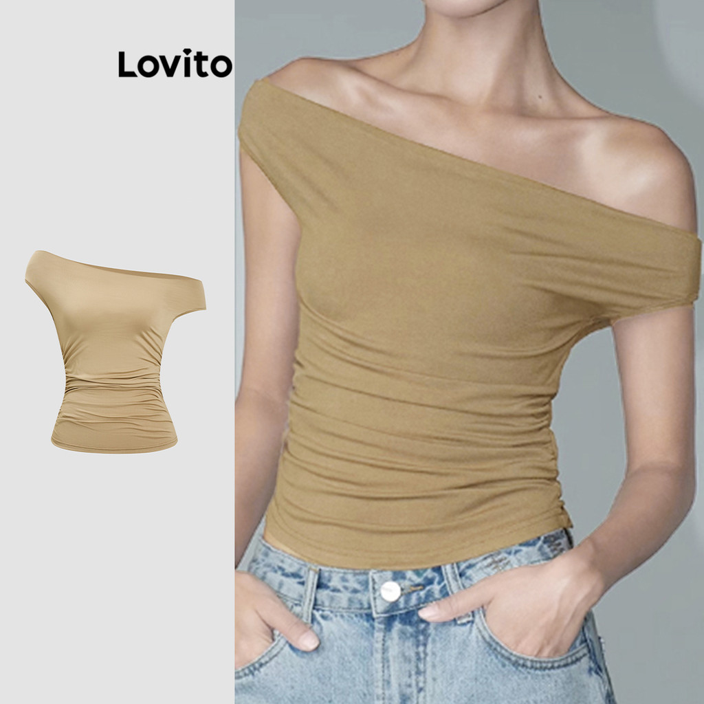 Lovito Women Casual Plain Pleated Off The Shoulder T-Shirt L121AD1109 ...