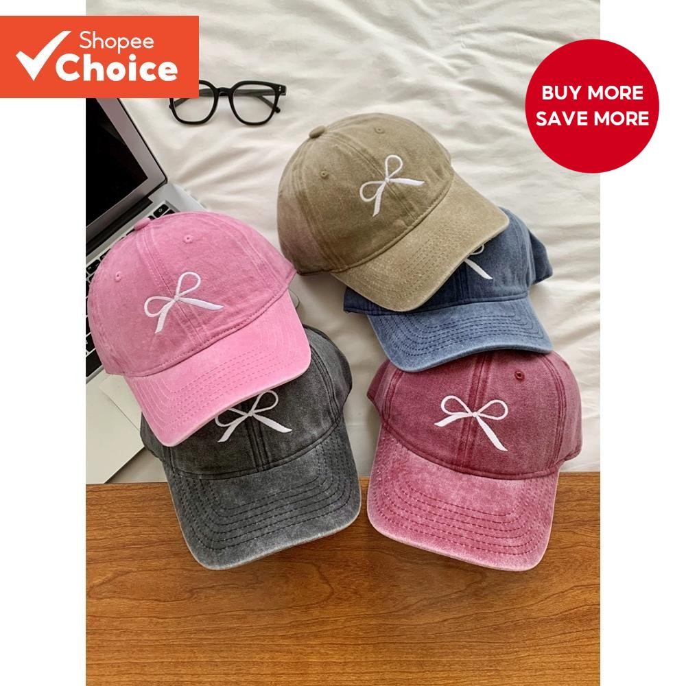 Korean Vintage Washed Baseball Cap - Embroidered Bow Sun Hat for Women ...
