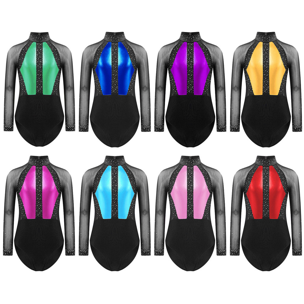 Miaeowve #6-16 Kids Girls Shiny Rhinestones Leotard Color Block ...