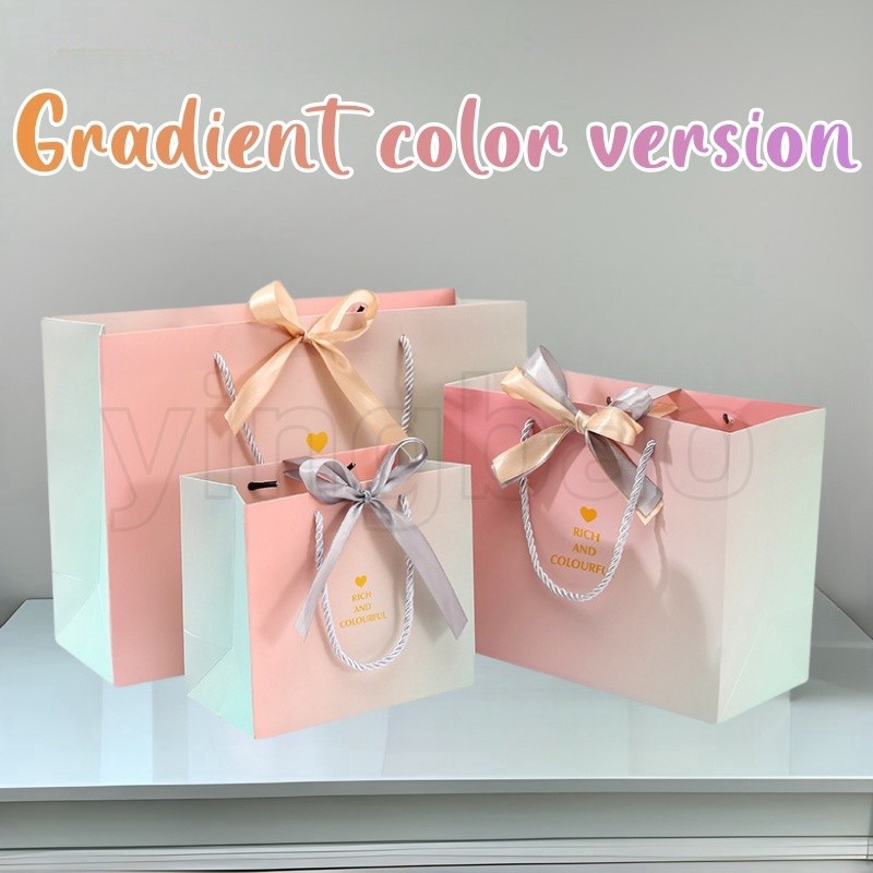 Paper Bag Gift Bag Gradient Pink Ins Style Tote Bag with Ribbon for ...