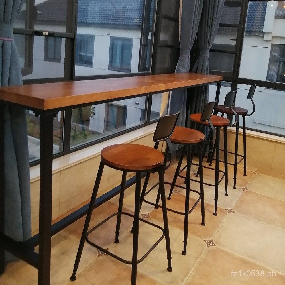 Solid Wood Balcony Long Coffee Shop Table and Chair Set High Table ...