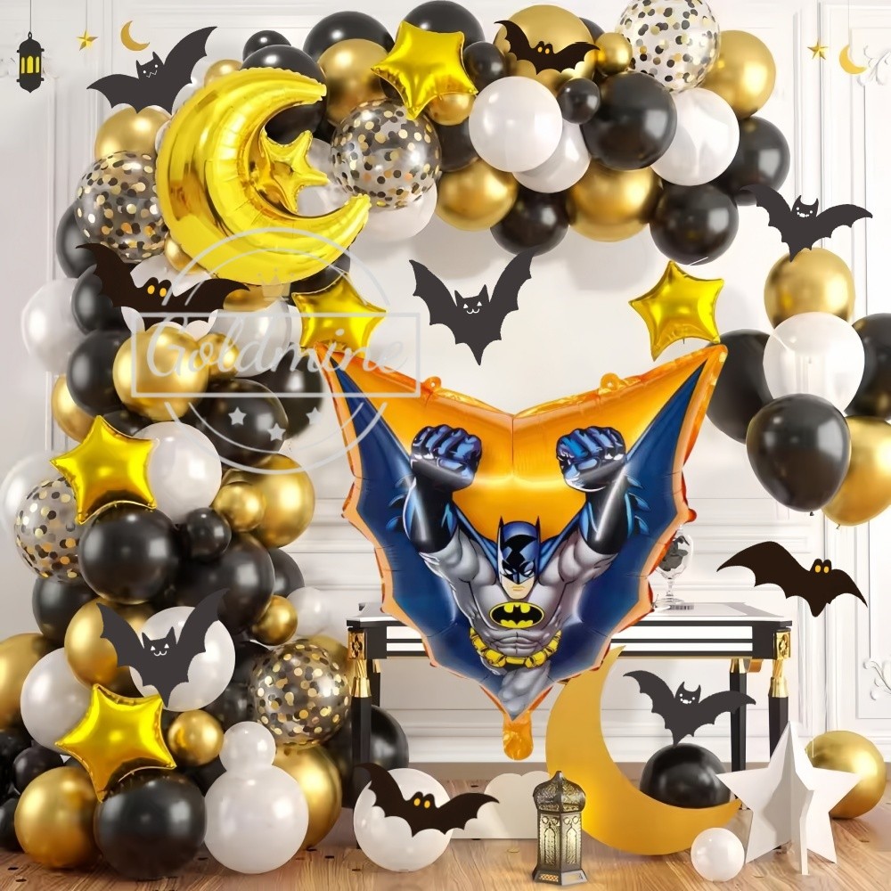 Batman Theme Party Balloon Arch Gold Moon Foil Black Latex Balloon ...