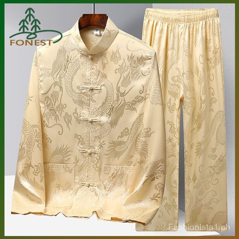 Dad Chinese Style Dragon Pattern Tang Suit Men Ice Silk Long Sleeve ...