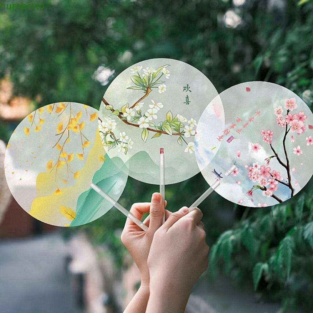 HUMBERTO Ancient Long-handled Fan, Color Printing Frosted Fan Handle ...