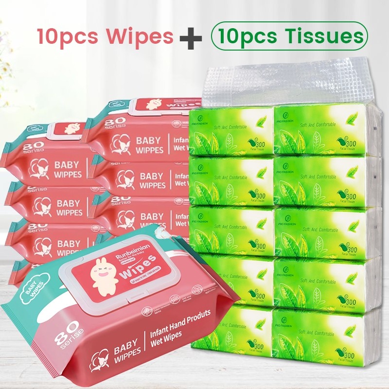 20PCS Baby Wipes And Tissue Bundle Combo Healthy Baby Wipes 10 packs 80 ...