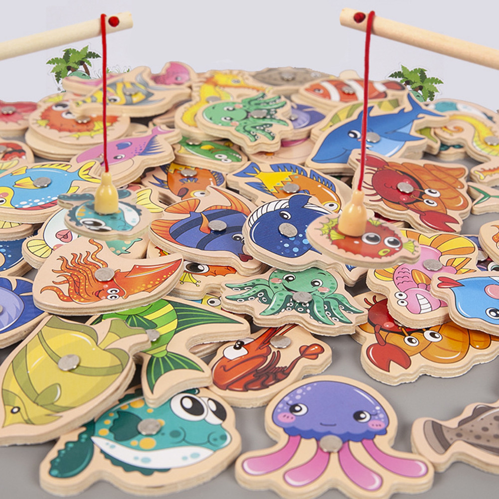 15/31PCs wooden magnetic fishing game toy set for kids cartoon fish ...