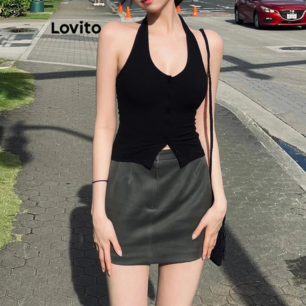 (Trendy) Lovito Women Casual Tank Top Plain Button Tank Top L83ED263 ...