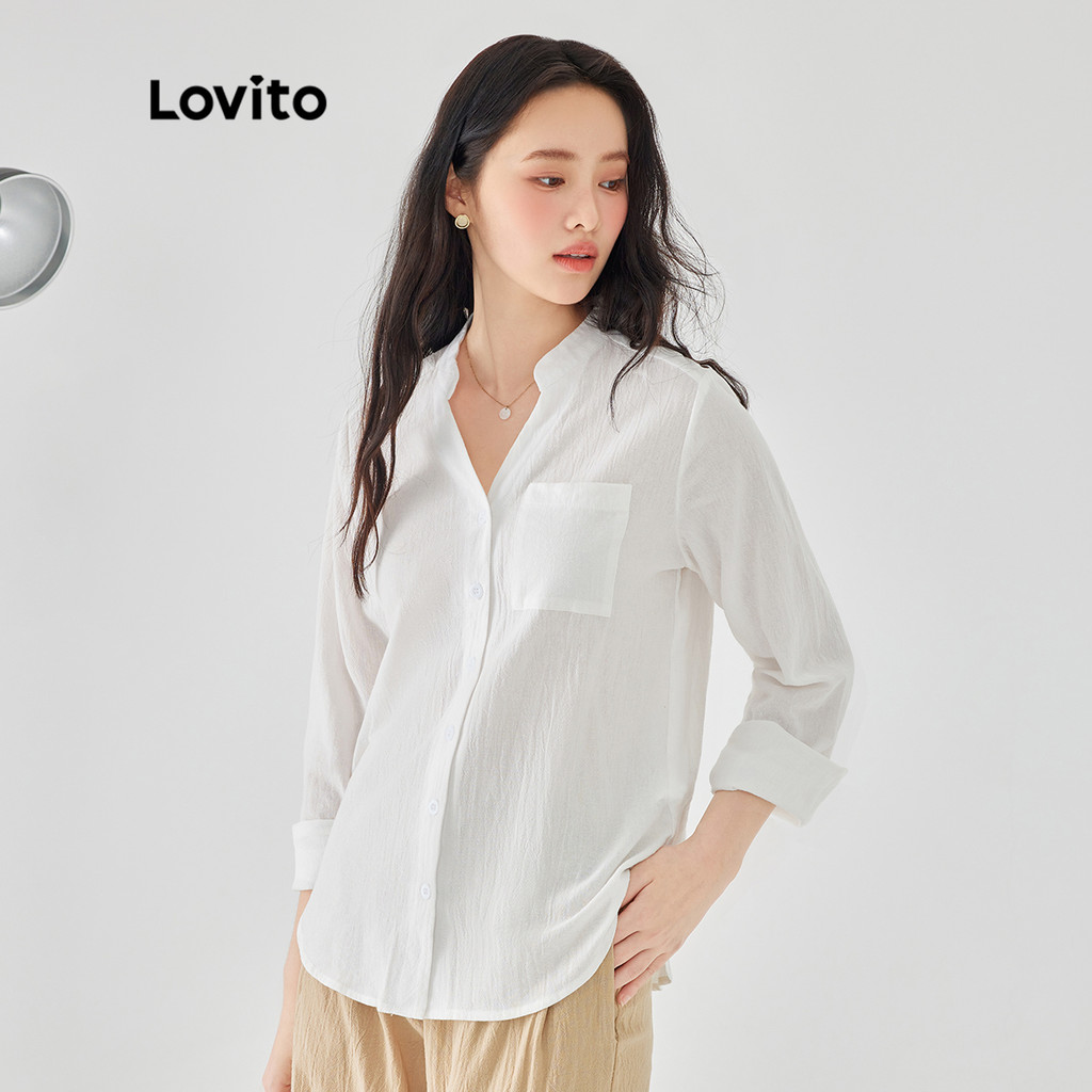 (Trendy) Lovito Women Casual Blouse Plain Button Pocket V Neck Long ...