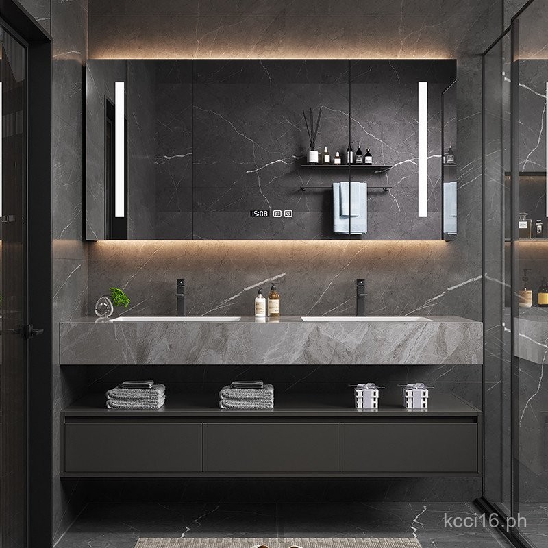 Light Luxury Style Rock Slab Bathroom Cabinet Seamless Splicing Ceramic ...